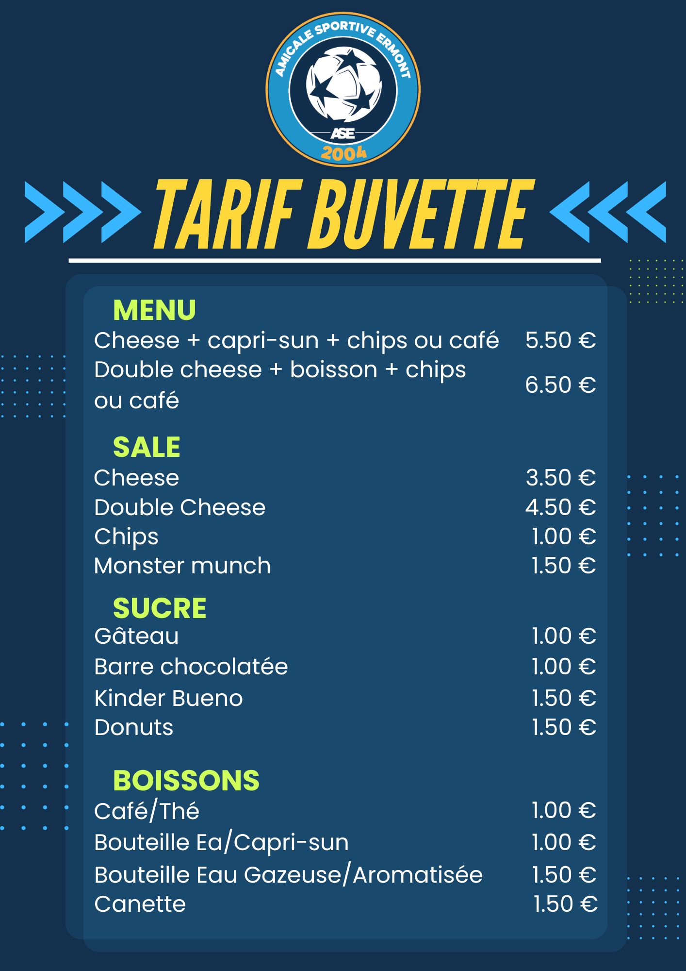 TARIF BUVETTE